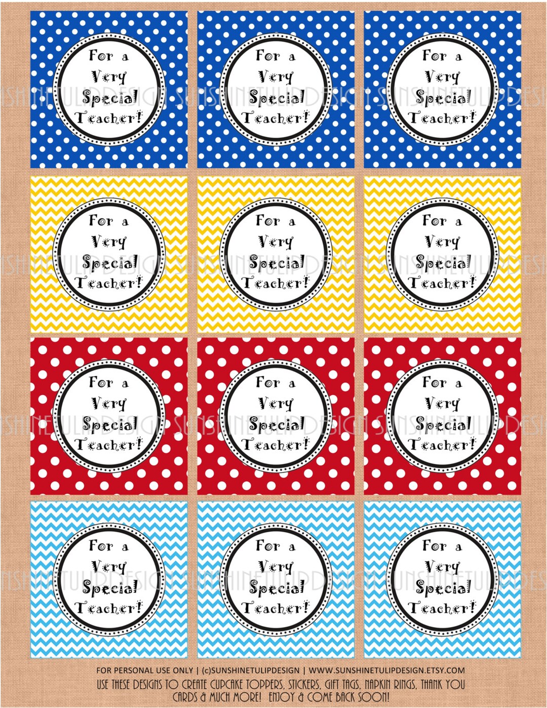 Teacher Appreciation Stickers Tags Labels and Cupcake Topper Printable ...