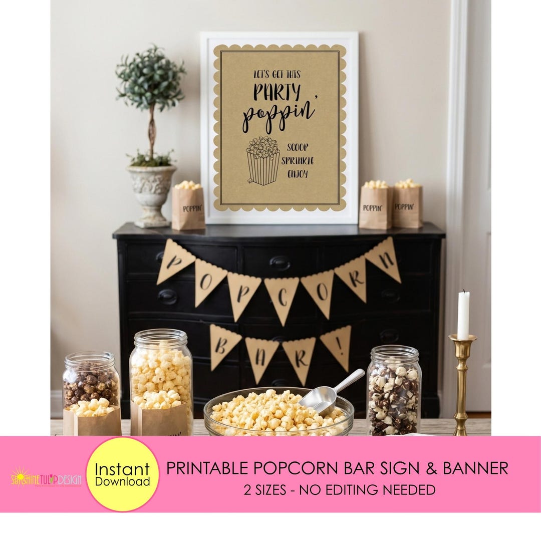 Popcorn Bar Sign & Popcorn Banner Printable | Minimalist Wedding ...