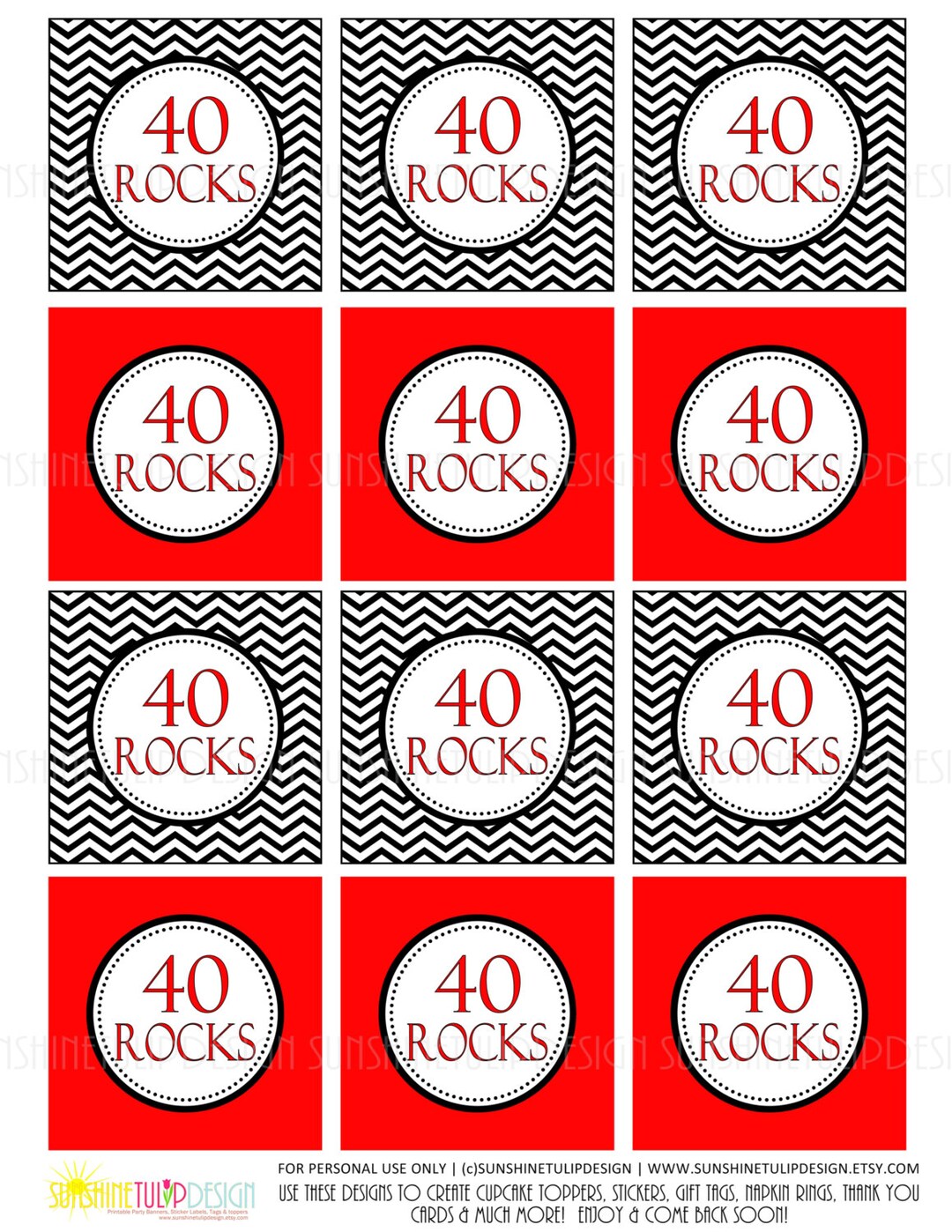 40th Birthday Red and Black Chevron Printable DIY Cupcake - Etsy