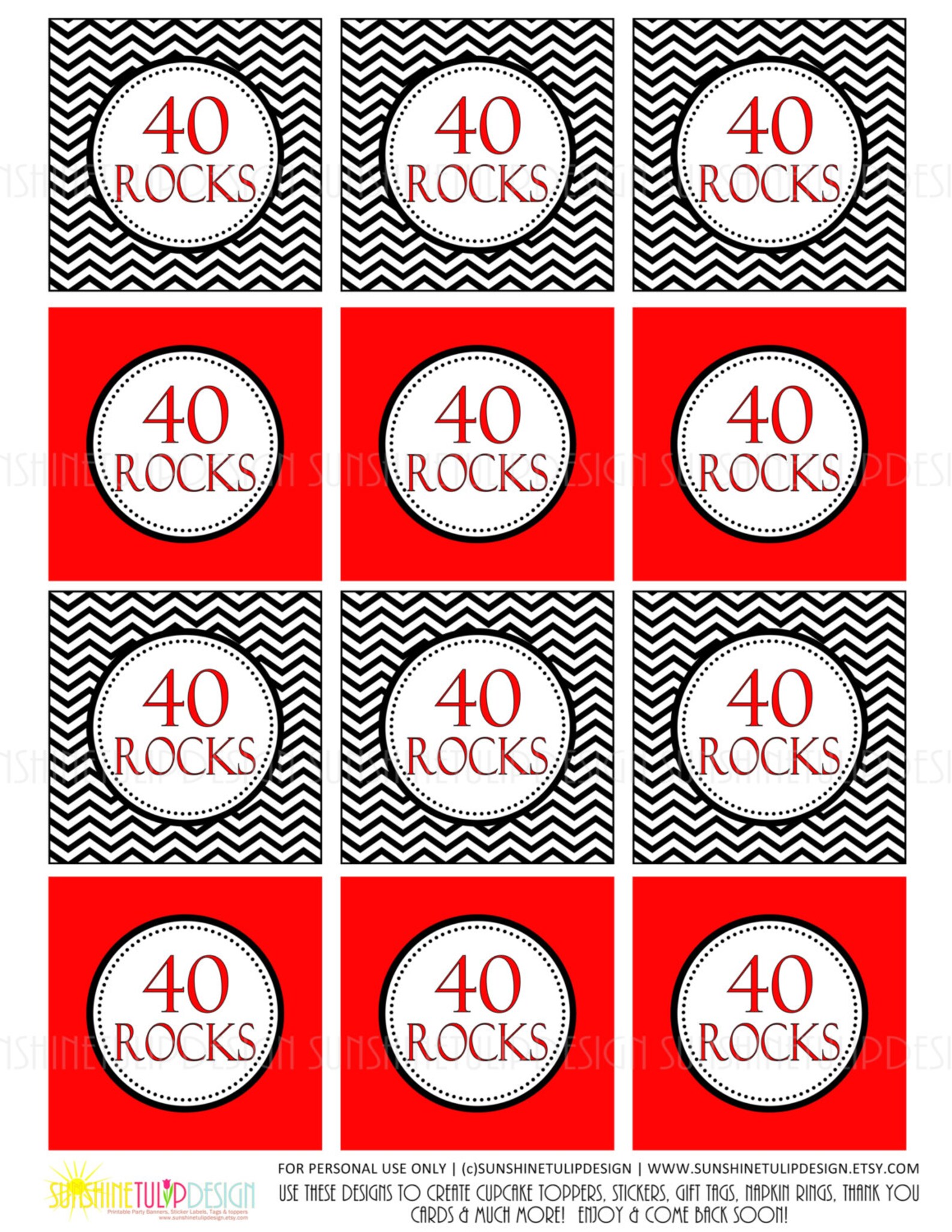 40th Birthday Red and Black Chevron Printable DIY Cupcake - Etsy