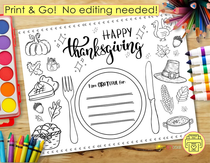 Thanksgiving Activity Placemat for Kids • Grateful Coloring Sheet ...