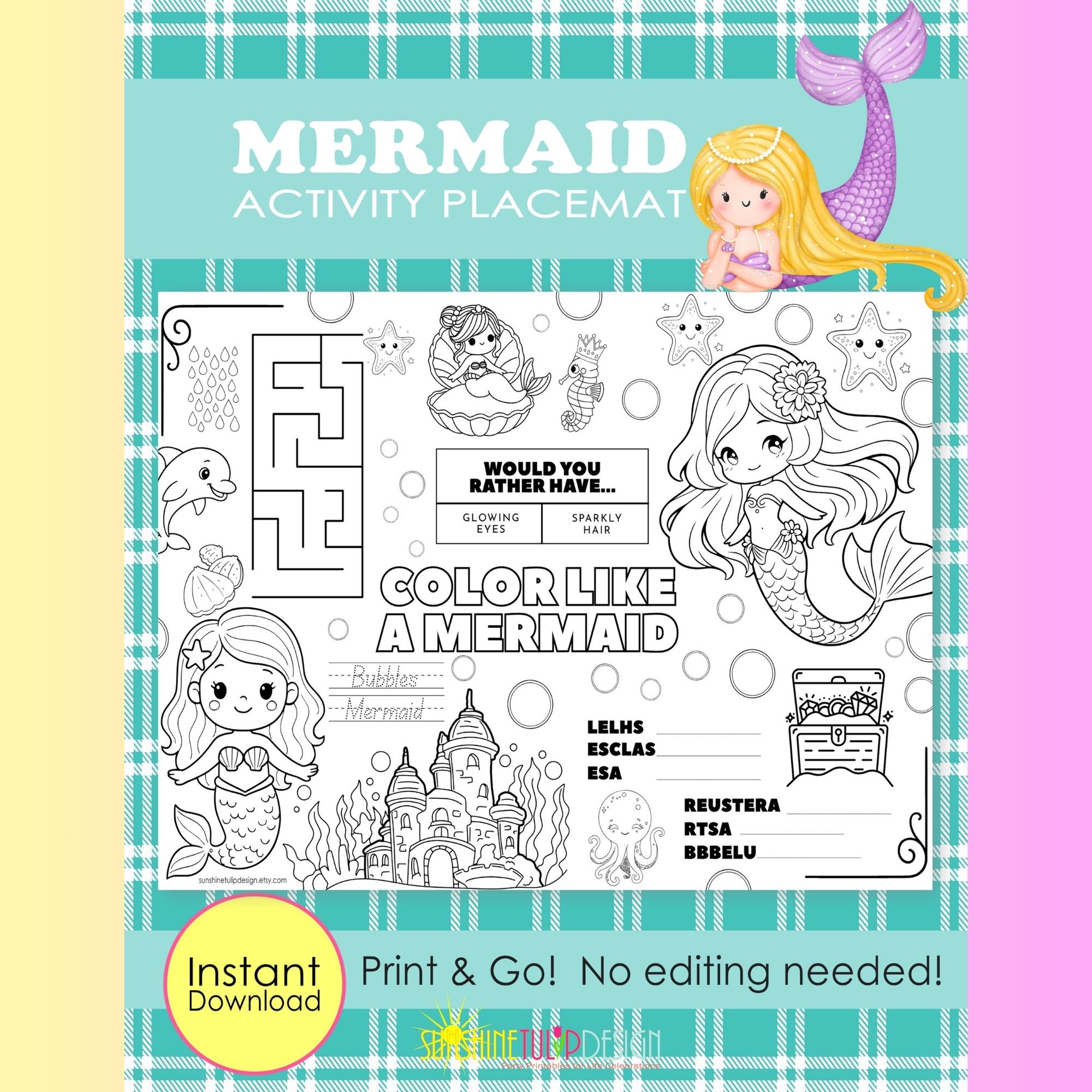 Printable Activity Placemat | Mermaid Coloring Sheet | Mermaid Activity ...