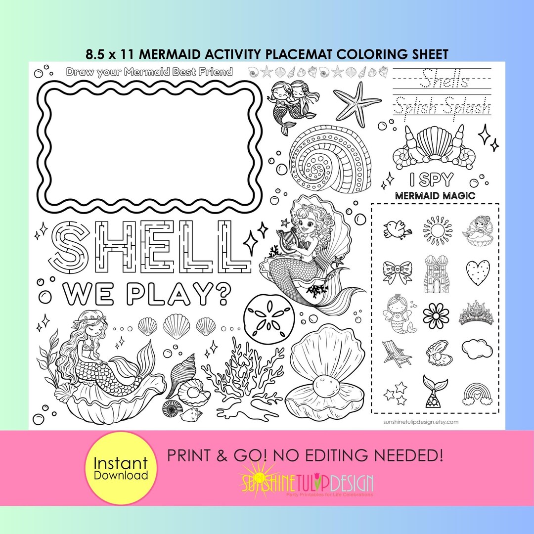 Printable Activity Placemat | Mermaid Color Sheet | Mermaid Activity ...