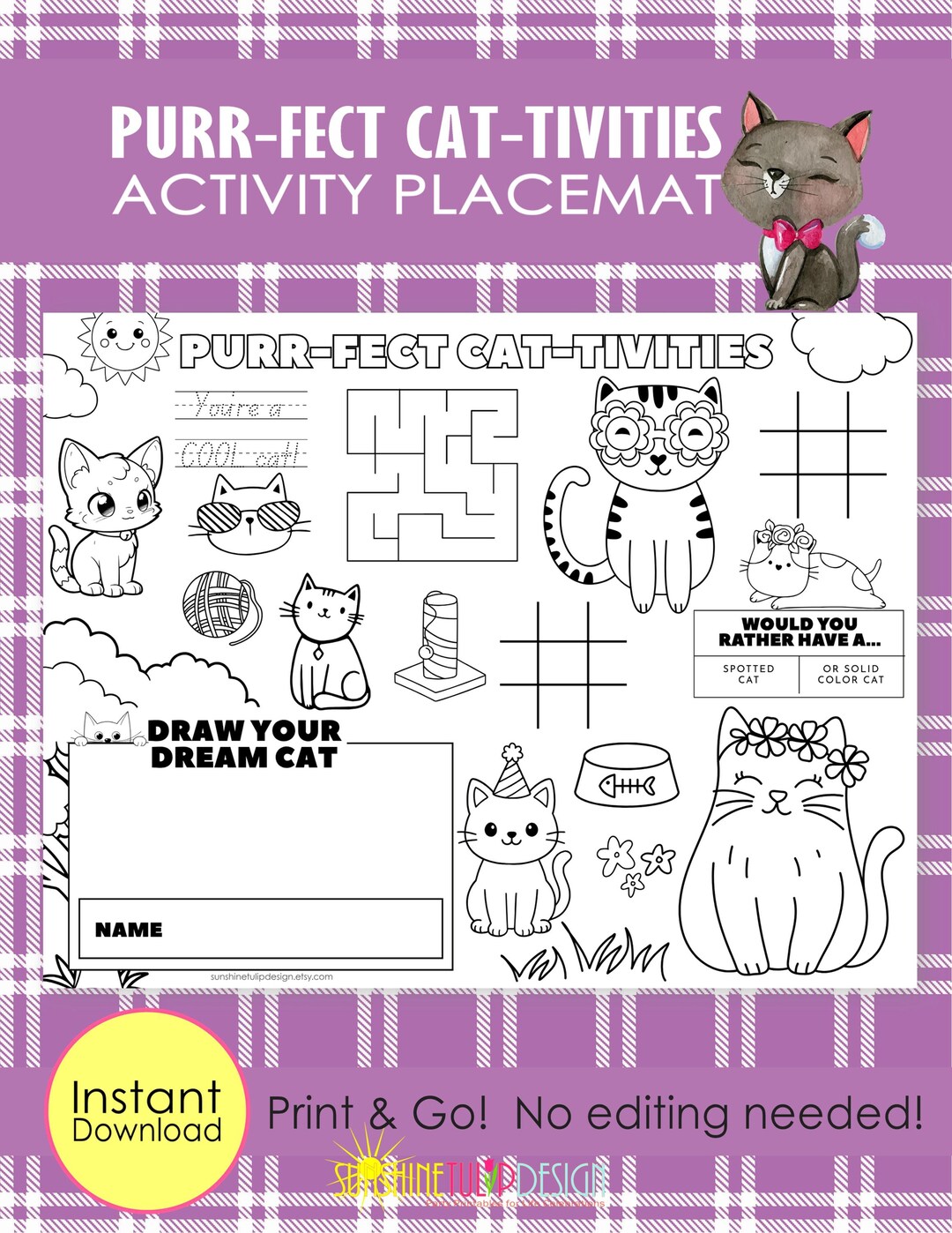 Printable Activity Placemat | Cat Coloring Sheet | Cat Theme Kid ...