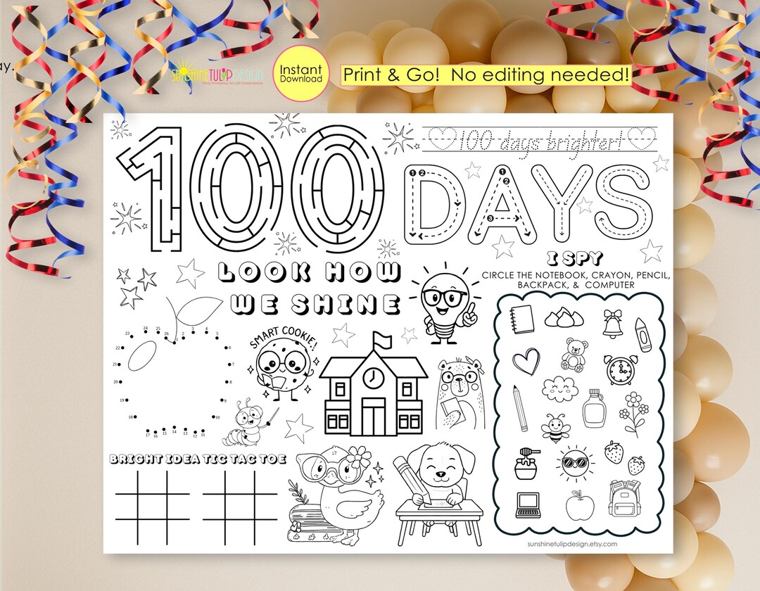 100 Days of School Activity Placemat | Look How We Shine 100 Days ...