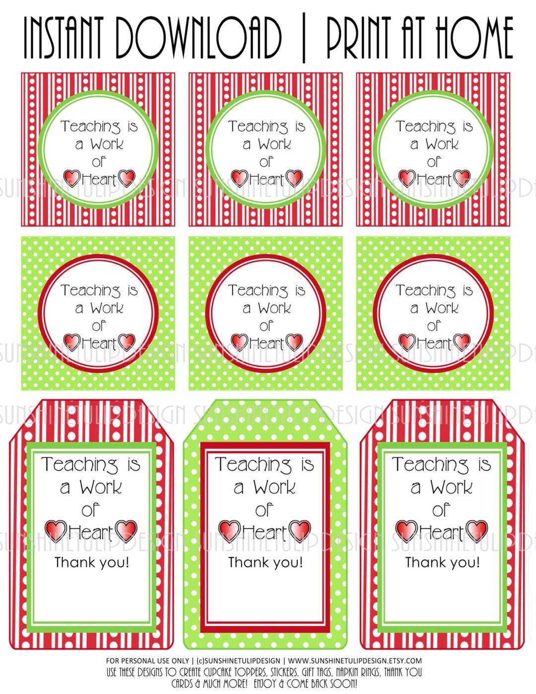 Printable Teacher Appreciation Tags, Teaching is a Work of Heart ...