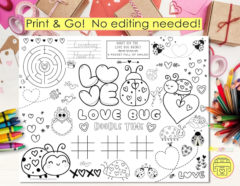 Love Bug Valentine Activity Placemat for Kids | Printable Valentine ...