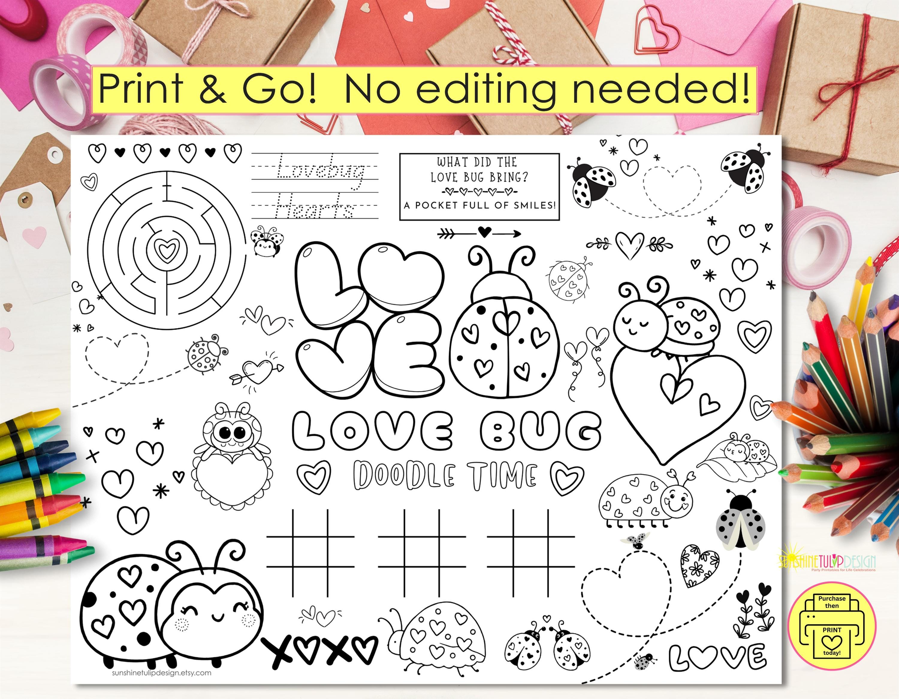 Love Bug Valentine Activity Placemat for Kids | Printable Valentine ...