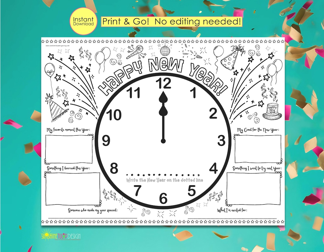 New Year’s Coloring Activity Placemat • New Year Clock Worksheet • Kids ...