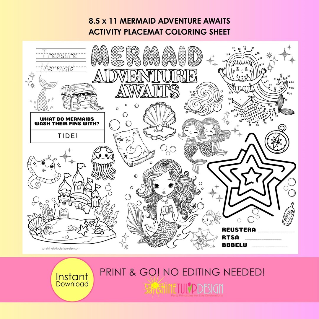 Printable Activity Placemat | Mermaid Color Sheet | Mermaid Activity ...