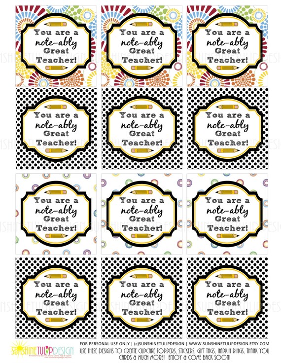 Teacher Appreciation Tags Sticker Labels and Cupcake Topper Printable ...