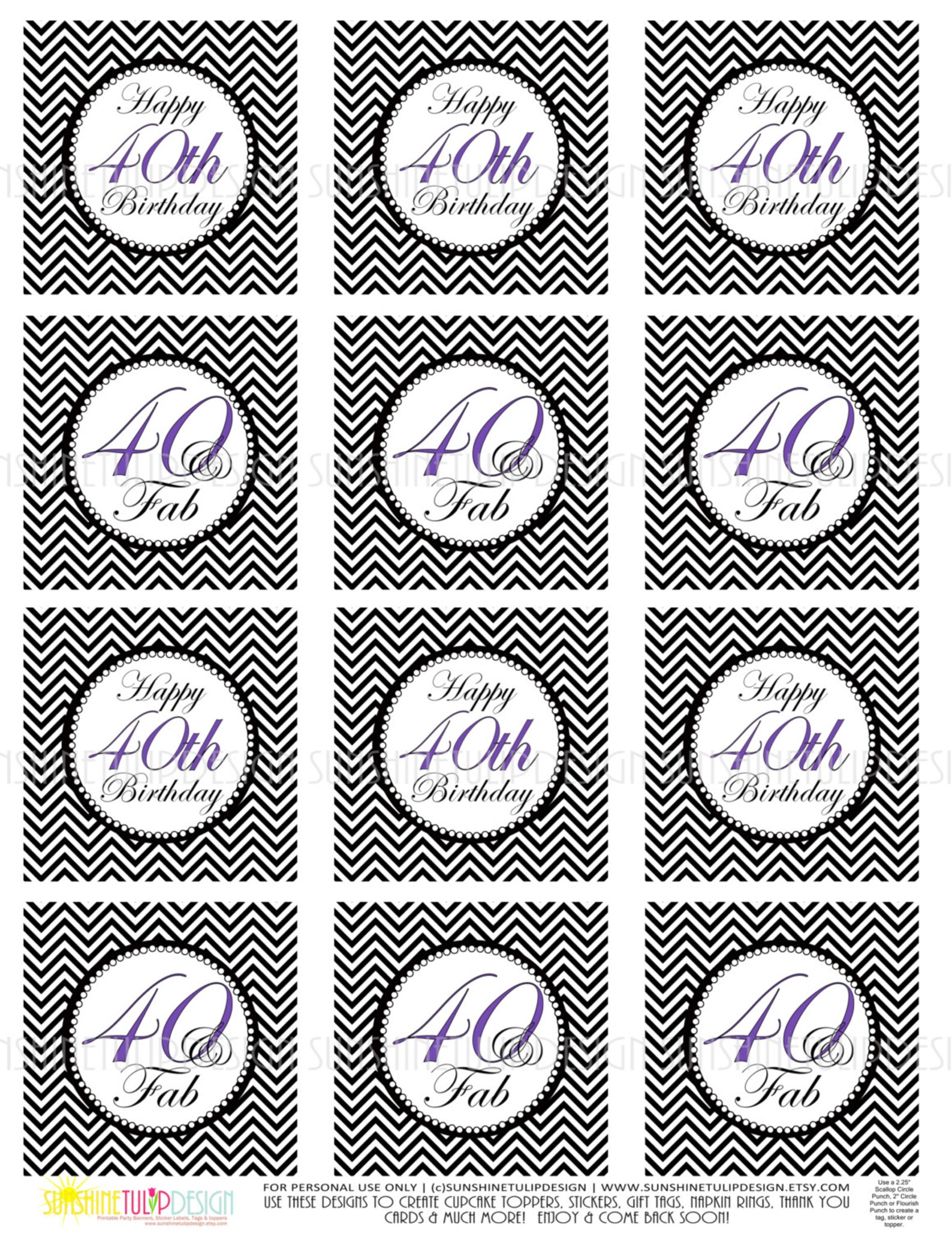 40th Birthday Purple Black and White Chevron Printable DIY - Etsy