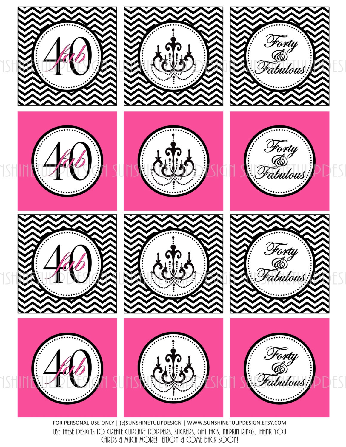 40th Birthday Pink and Black Chevron Printable DIY Party Tags | Etsy