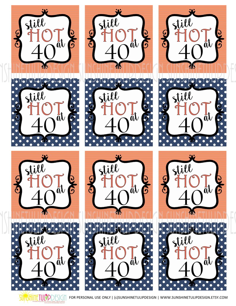 Printable 40th Birthday gift tags Coral and Navy Still Hot at | Etsy