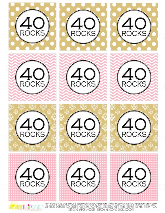 Printable 40 Rocks Cupcake Toppers, 40th Birthday Cupcake toppers, Pink ...