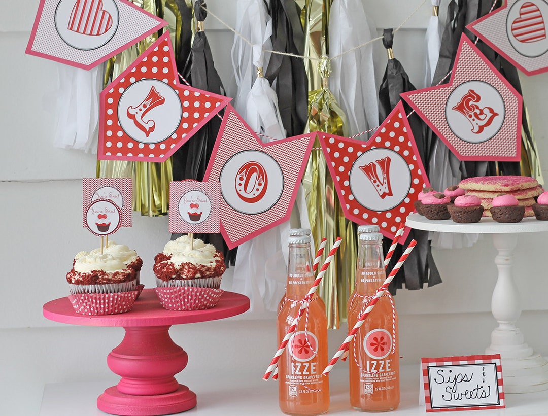 Printable Valentines Day Banner, Printable Chevron Polka Dot and ...