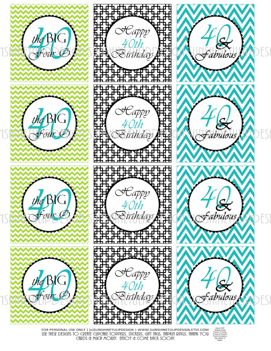 40th Birthday Turquoise and Lime Chevron Printable Cupcake Toppers ...