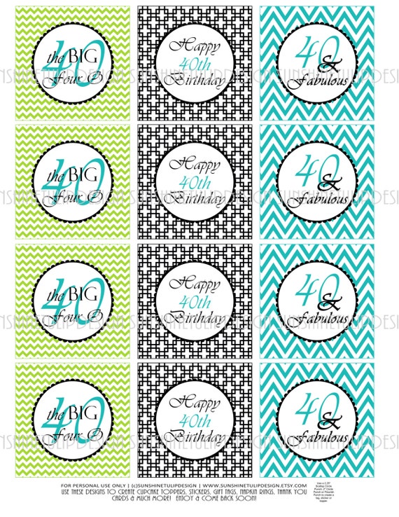 40th Birthday Turquoise and Lime Chevron Printable Cupcake Toppers ...