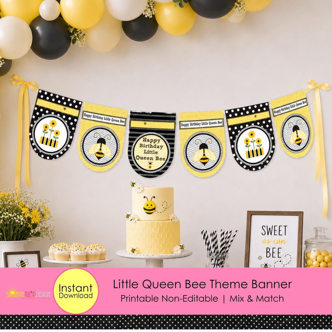 Bumble Bee Birthday Banner, Bee Theme Birthday Bunting, Little Queen ...