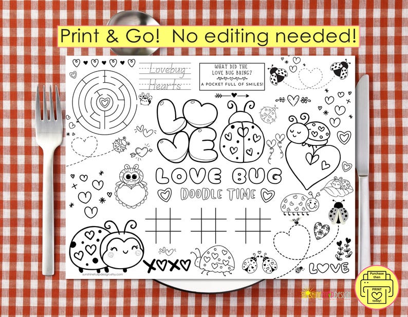 Love Bug Valentine Activity Placemat for Kids | Printable Valentine ...