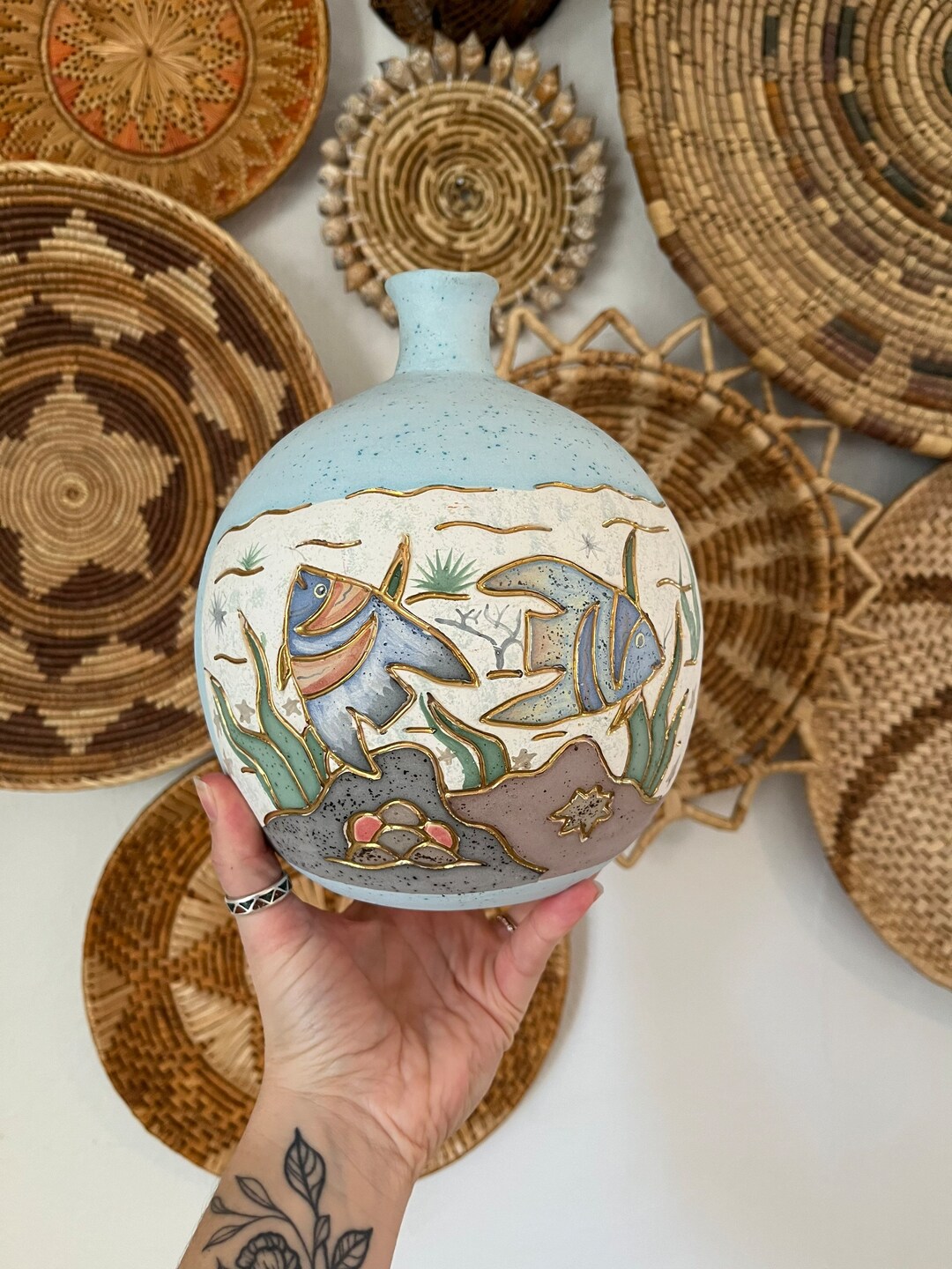 Vintage Southwestern Sea Life Vase Boho Gold Detailed - Etsy