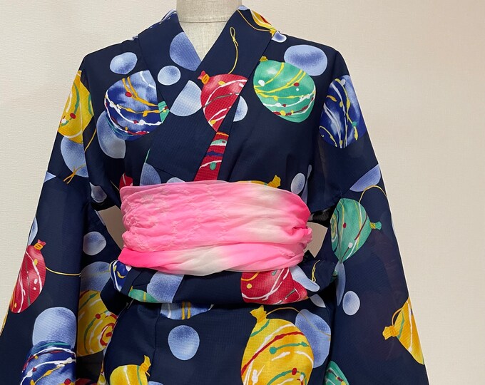 Set of Blue Yukata and Pink Soft Obi Belt, Vintage Yukata and Obi, Blue ...