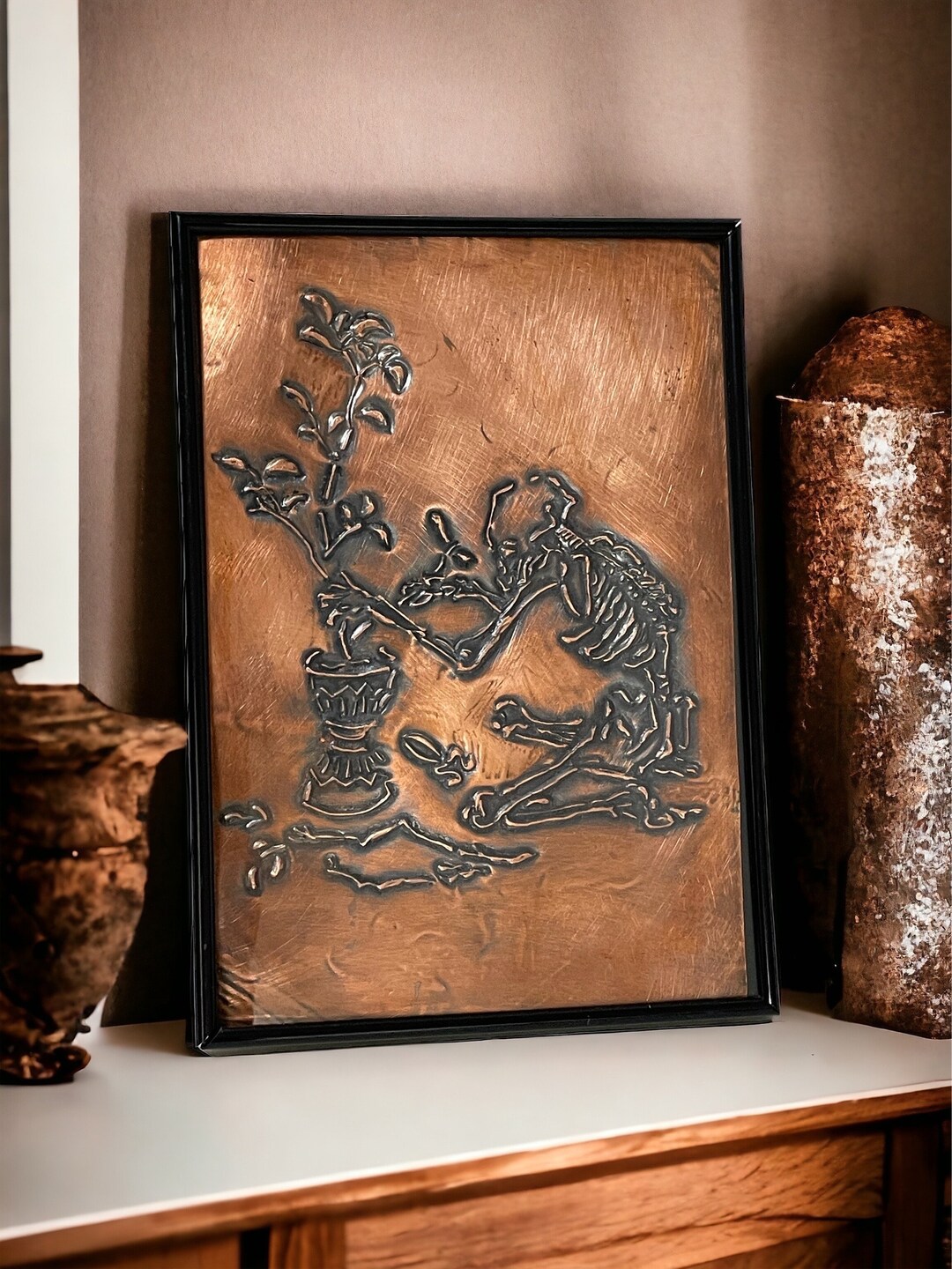 Cooper Art Frame, Copper Plate Art Frame, Skeleton and Fresh Flowers ...