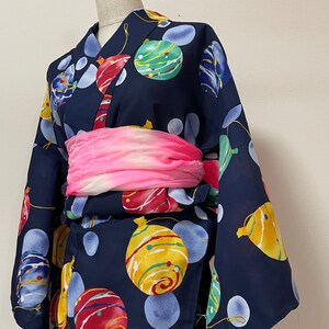 Set of Blue Yukata and Pink Soft Obi Belt, Vintage Yukata and Obi, Blue ...