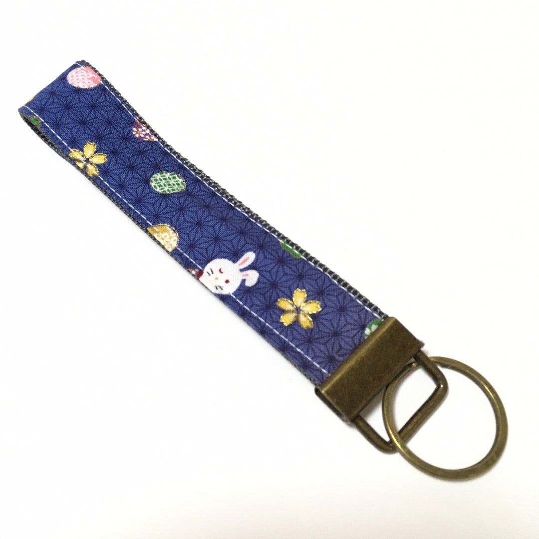Wristlet Key Fob, Japanese Key Fob, Blue Japanese Rabbit Fabric Key ...