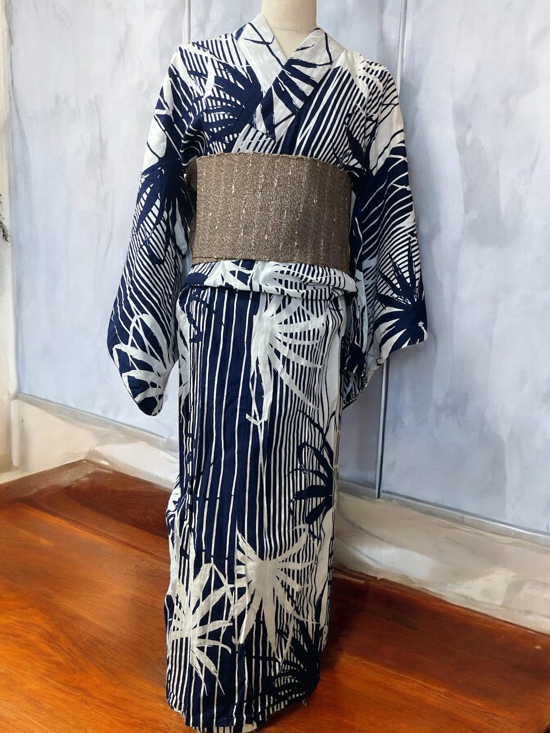 Set of Yukata and Obi Belt, Vintage Yukata and Obi, Blue Kimono and ...