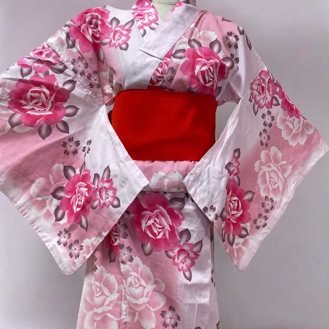 Set of White Yukata and Obi Belt, Vintage Yukata and Obi, Rose Pattern Yukata and Red Obi ...