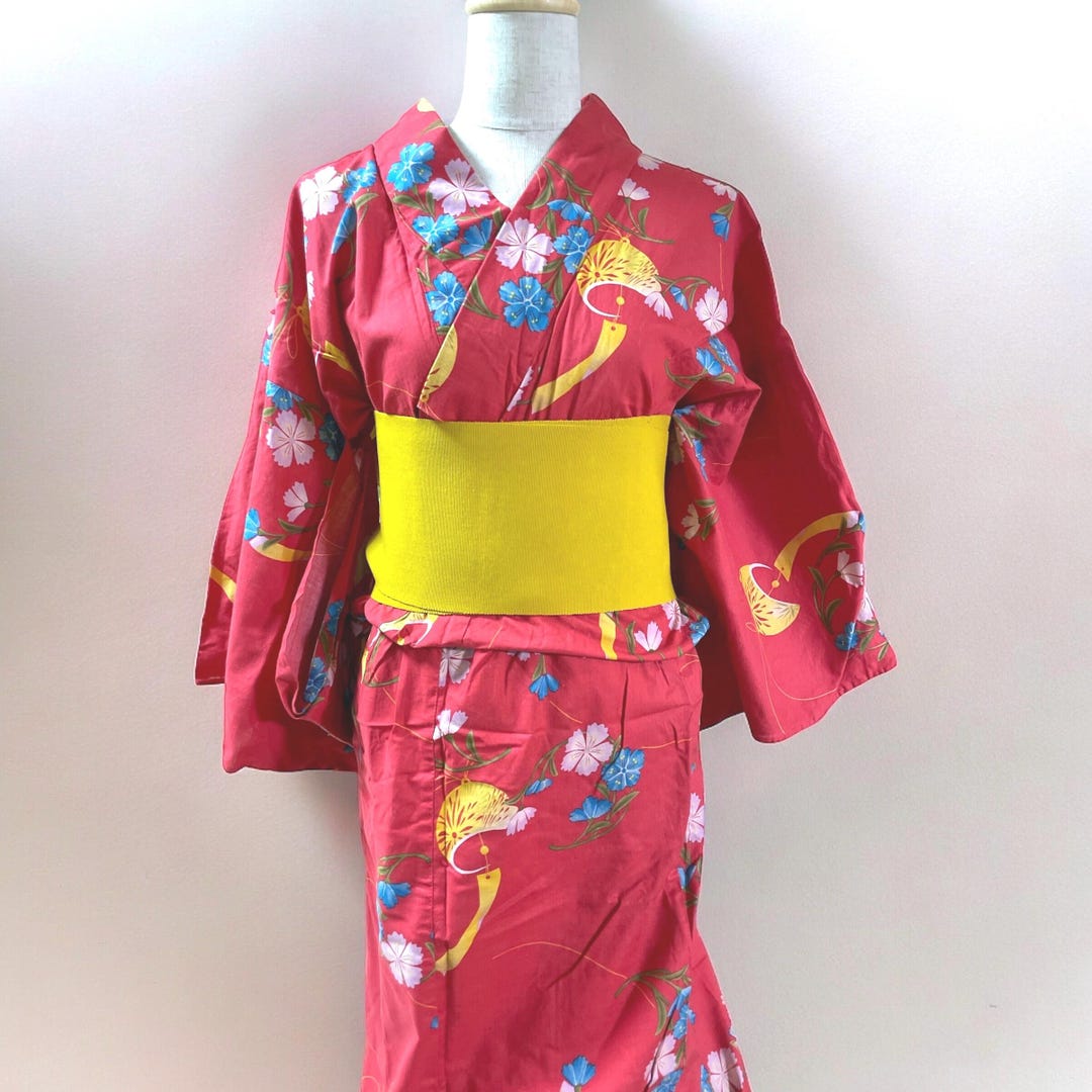 Set of Red Yukata and Obi Belt, Vintage Yukata and Obi, Kimono and ...