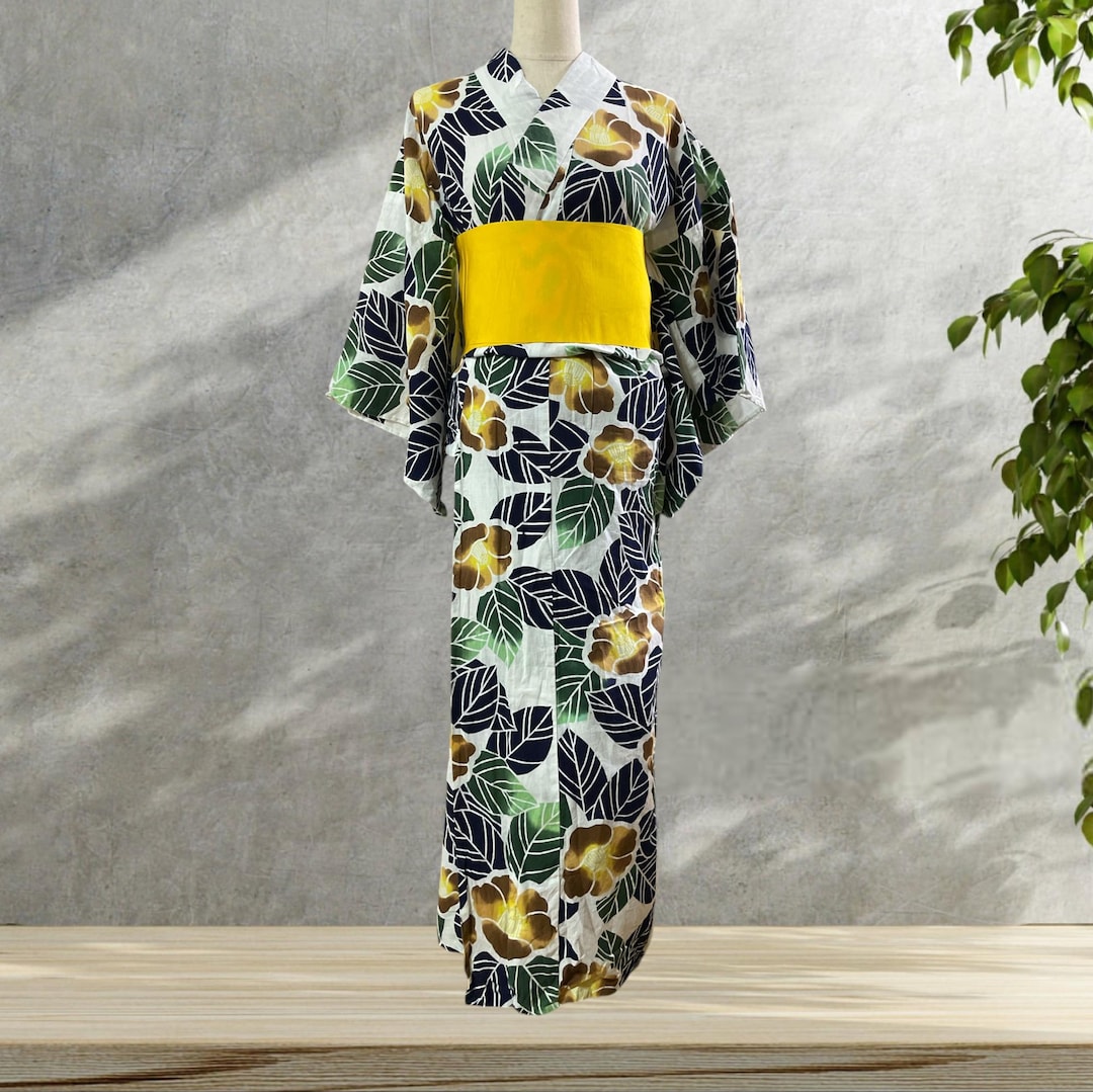 Set of Yukata and Obi Belt, Vintage Yukata and Obi, Blue Kimono and Red ...
