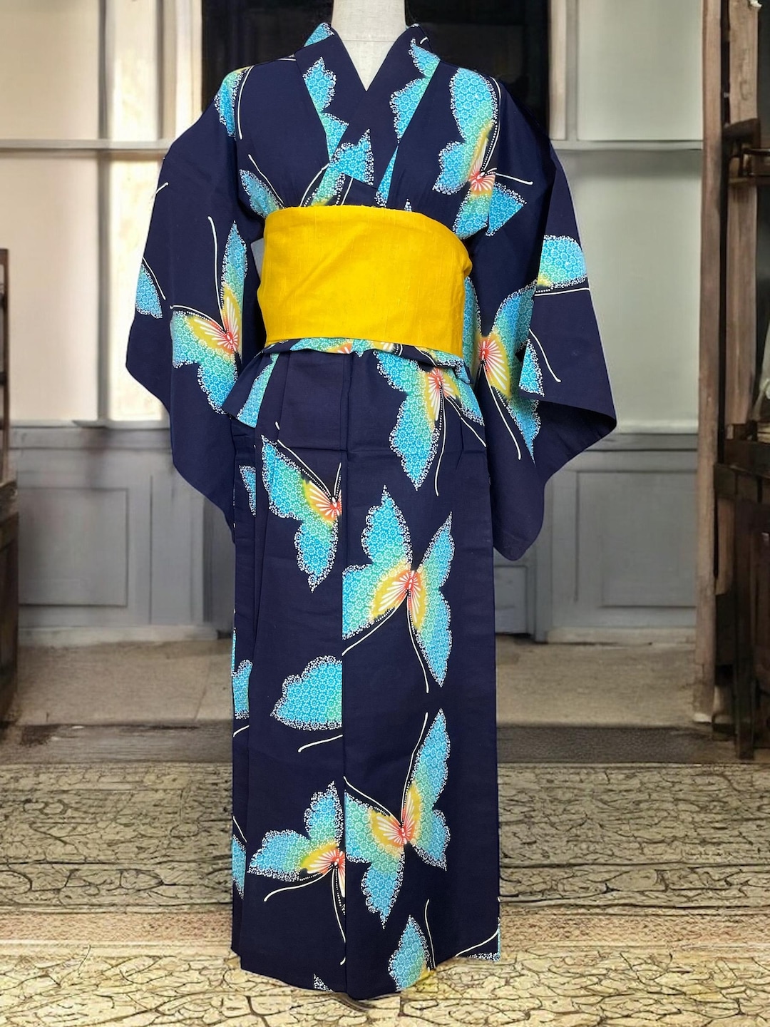 Yukata and Obi, Blue Summer Kimono With Obi, Yellow Obi, Hanhaba Obi ...