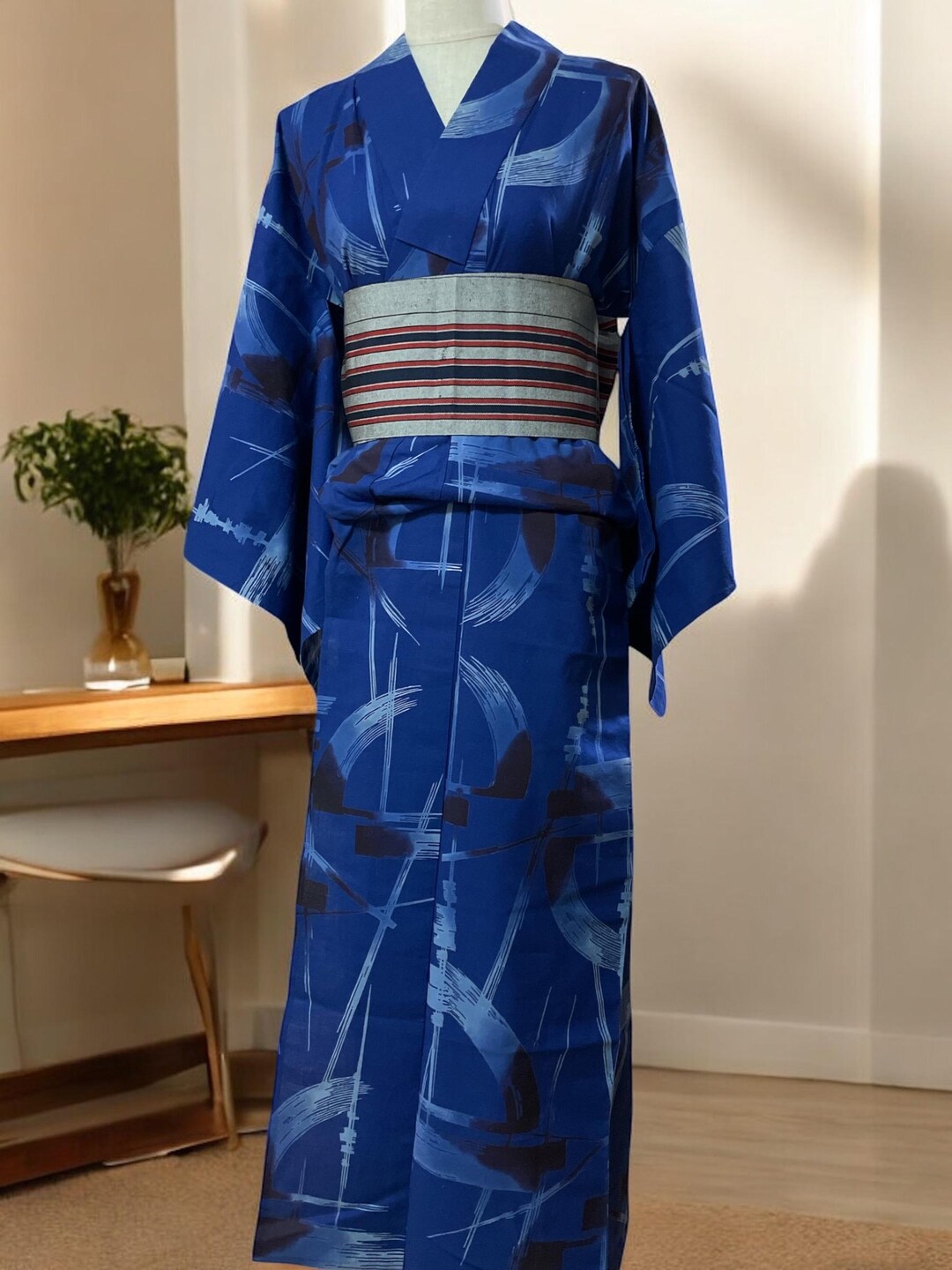 Set of Yukata and Obi Belt, Vintage Yukata and Obi, Blue Kimono and Red ...