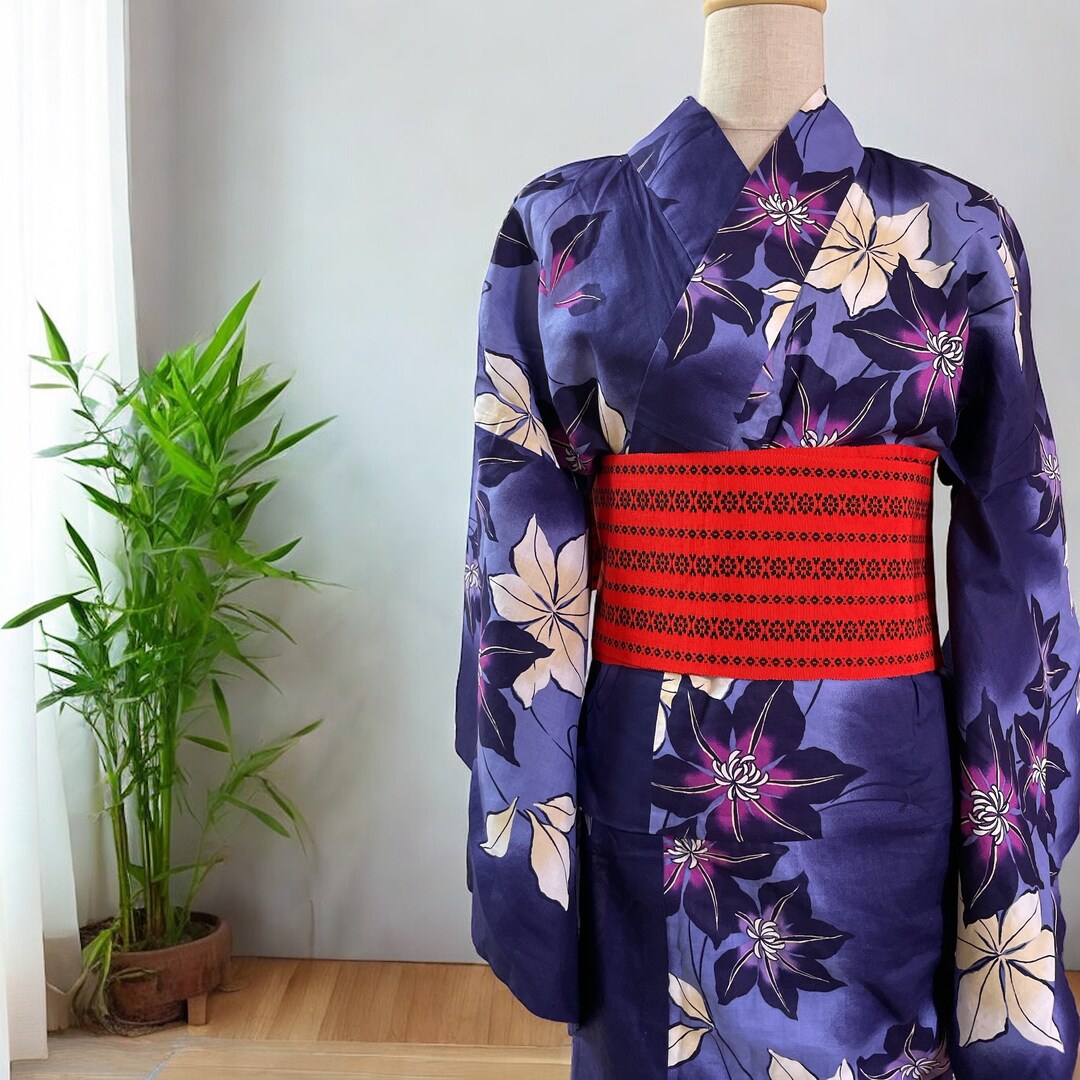 Set of Blue Yukata and Obi Belt, Vintage Yukata and Obi, Blue Yukata ...