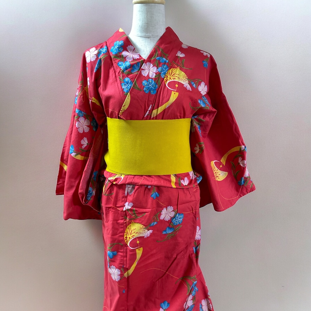 Set of Red Yukata and Obi Belt, Vintage Yukata and Obi, Kimono and ...