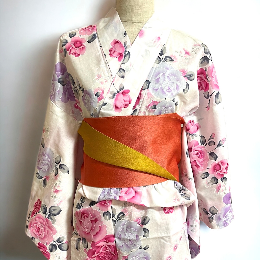 Set of White Yukata and Obi Belt, Vintage Yukata and Obi, Rose Pattern Yukata and Reversible Obi ...