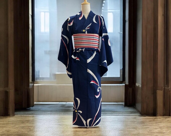 Set of Yukata and Obi Belt, Vintage Yukata and Obi, Blue Kimono and ...