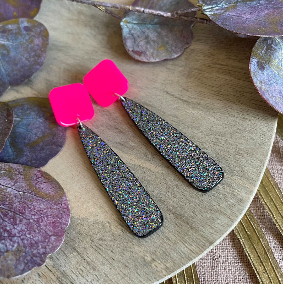 Holographic Neon Pink - Neon Earrings, Pink Earrings, Glitter Earrings ...