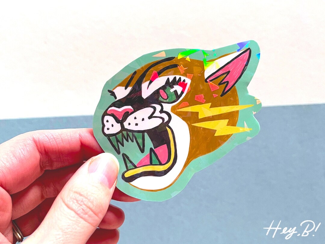 Holographic Cat With Lightning Sticker, Roaring Cougar Decal, Holo ...
