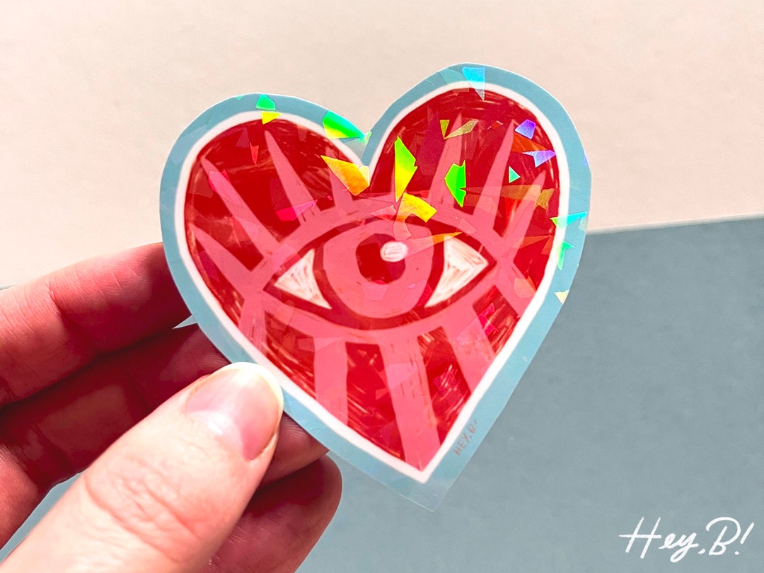 Holographic Heart With Eye Sticker, Sparkly Waterproof Vinyl Decal, Red ...