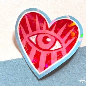 Holographic Heart With Eye Sticker, Sparkly Waterproof Vinyl Decal, Red ...