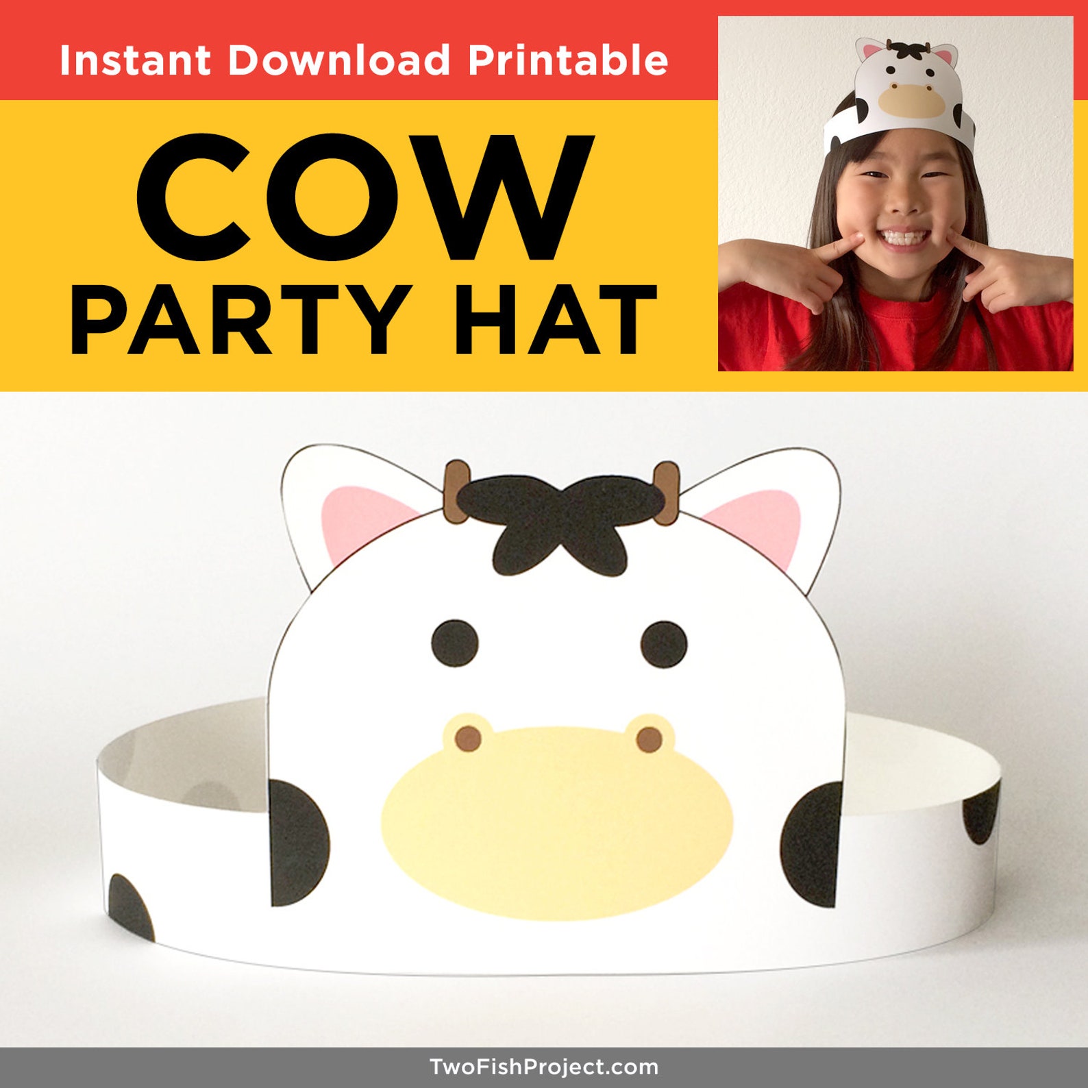 Printable Cow Headband/mask, Kids/toddler/girl Farm Birthday Party Hat ...