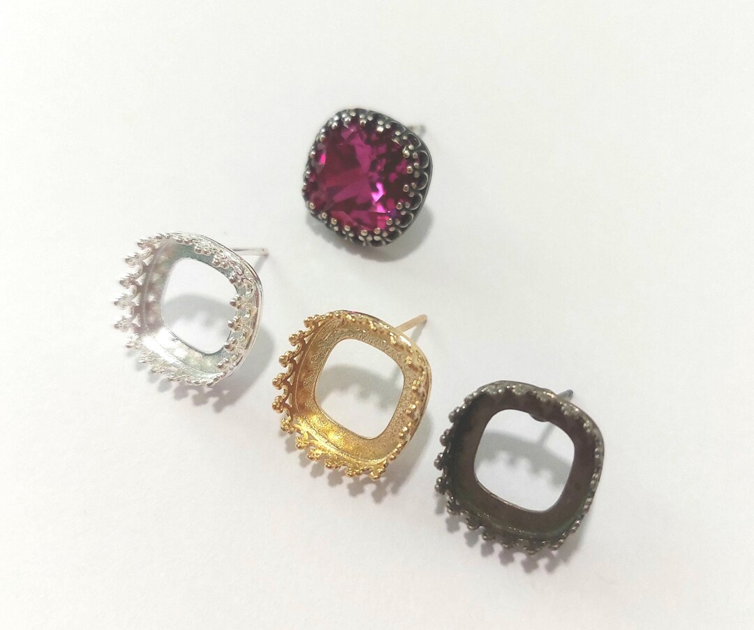 10mm, 12mm Square Crown Bezel Stud Earrings Settings, Fits Swarovski ...
