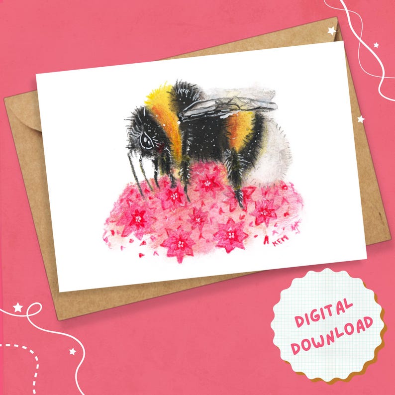 PRINTABLE Cute Bumblebee Card With Fluffy Bee and Pretty Pink Flower ...
