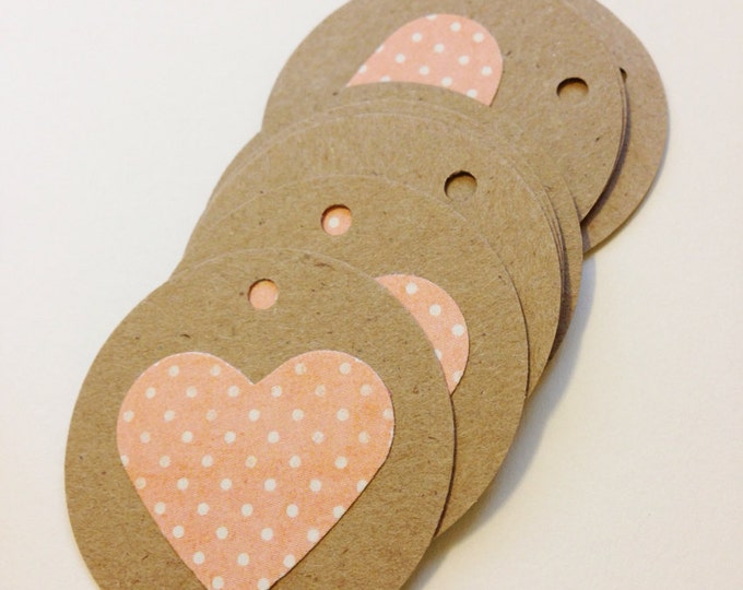 12 CORAL Polka Dot HEART Gift Tags, Round KRAFT and Heart Shaped Card ...