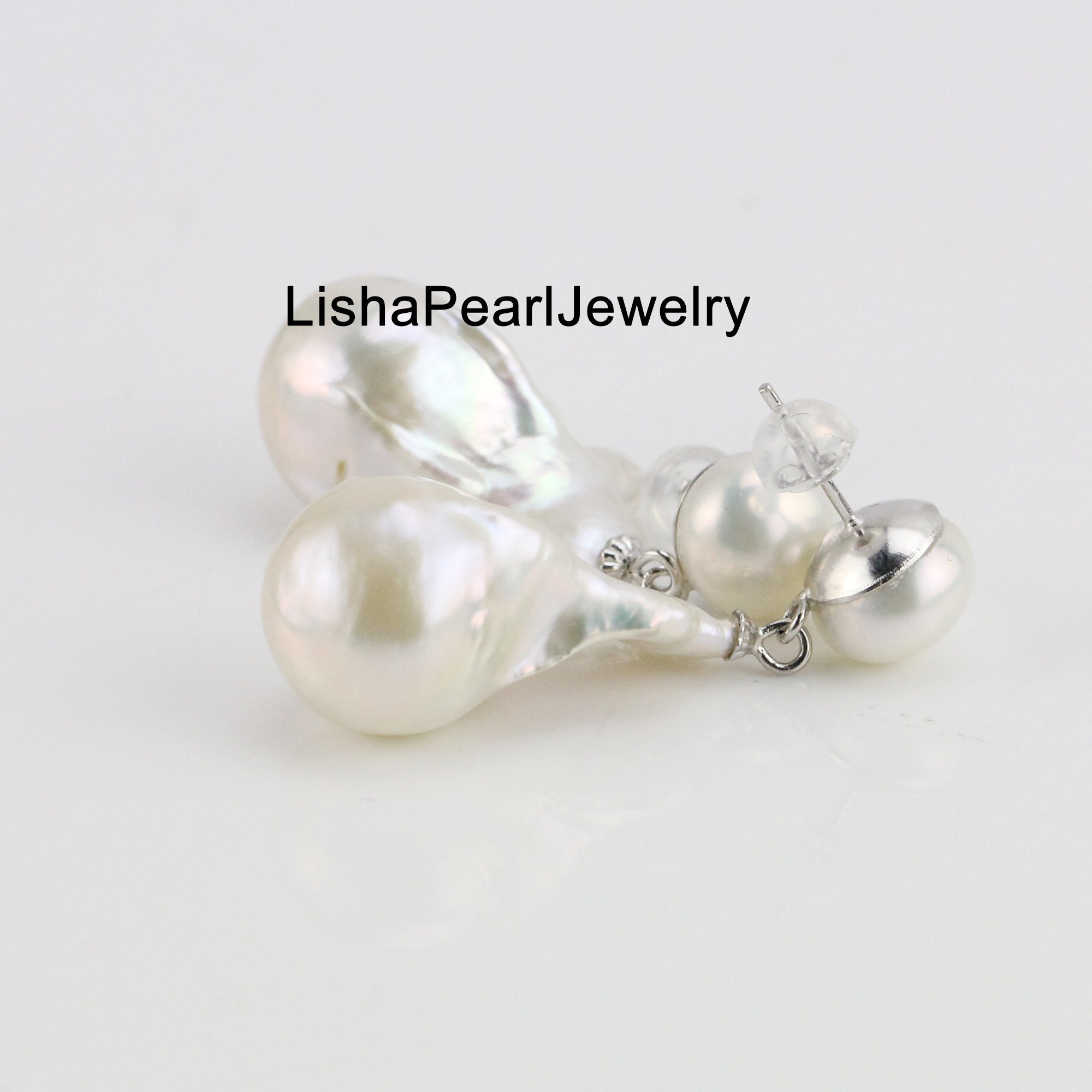 Small and Big White Baroque Pearl Earringstwo Pearls Dangle | Etsy