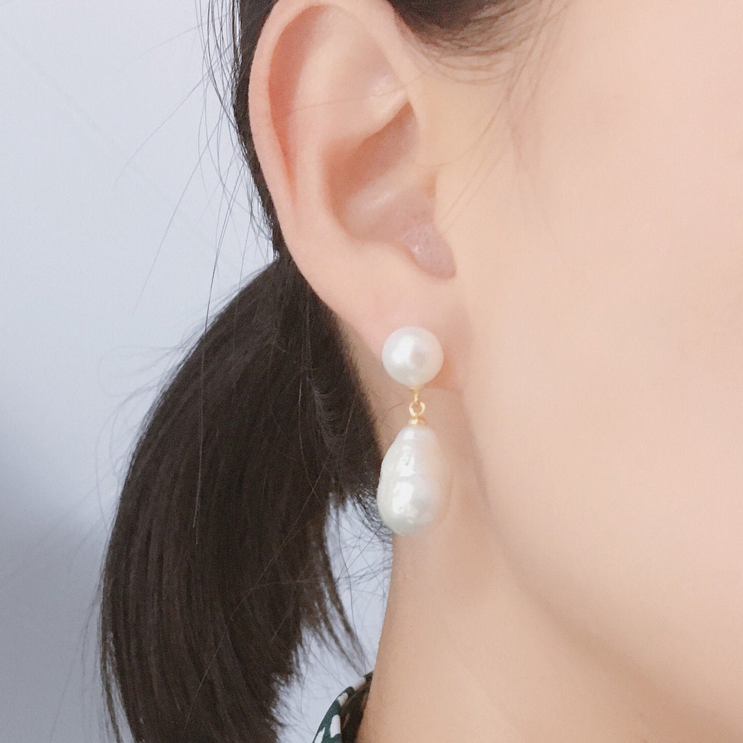 Double Pearl Earrings,two Pearls Earrings,8mm and 10-11mm Ivory Drop ...