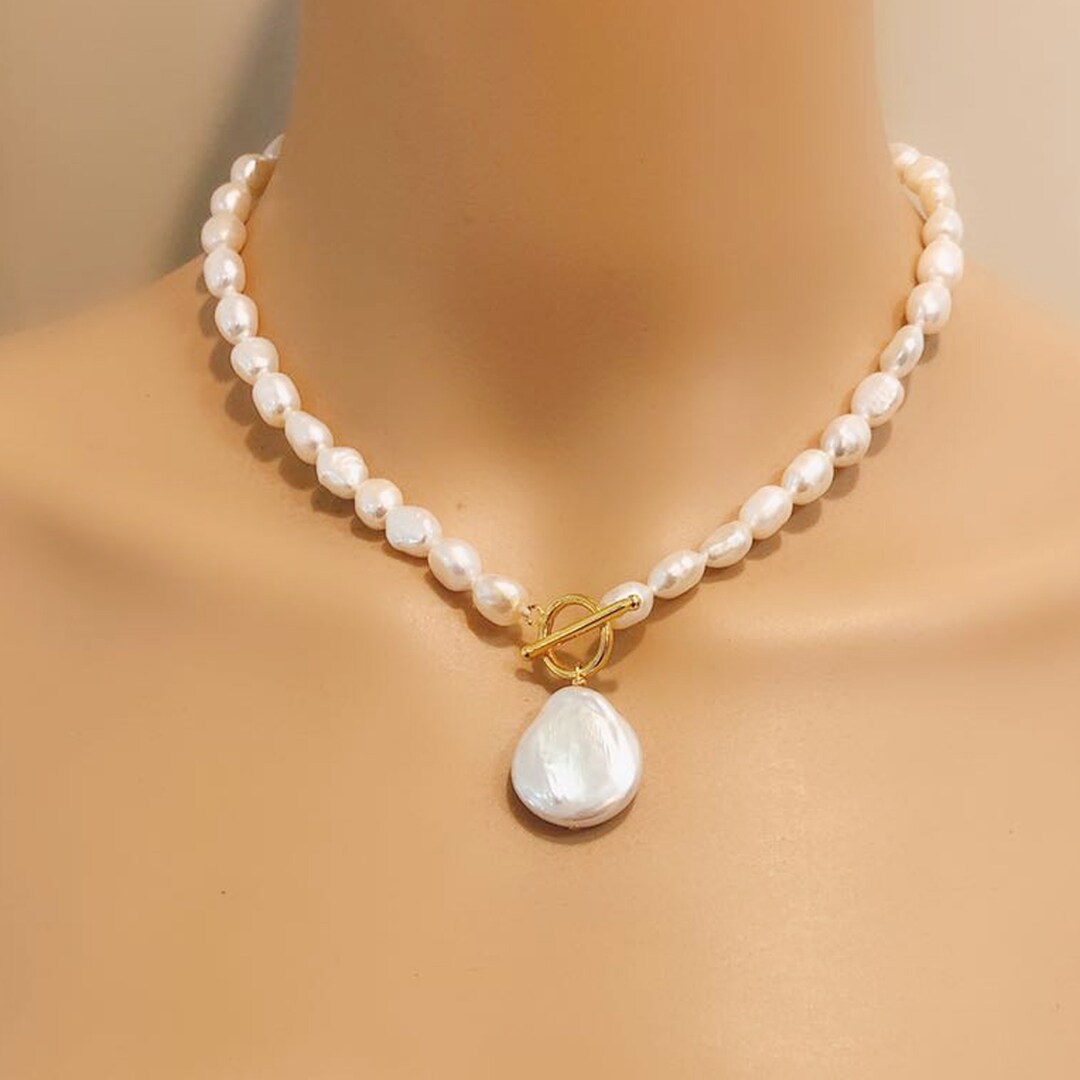Pearl Toggle Necklace,pearl Lariat Necklace,white Freshwater Nugget ...